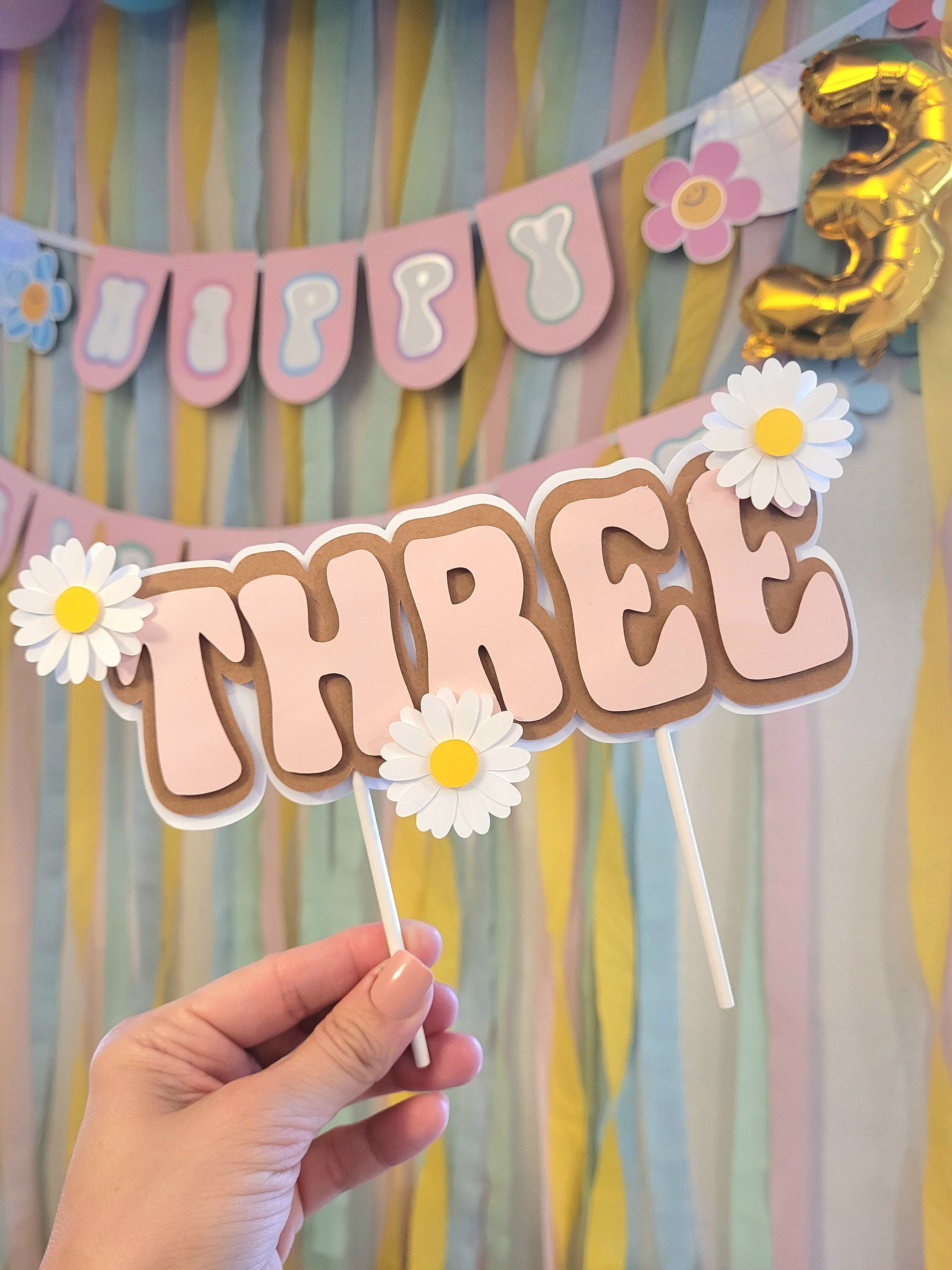 Groovy Three Cake Topper Retro Three Daisy Cake Topper for Third ...