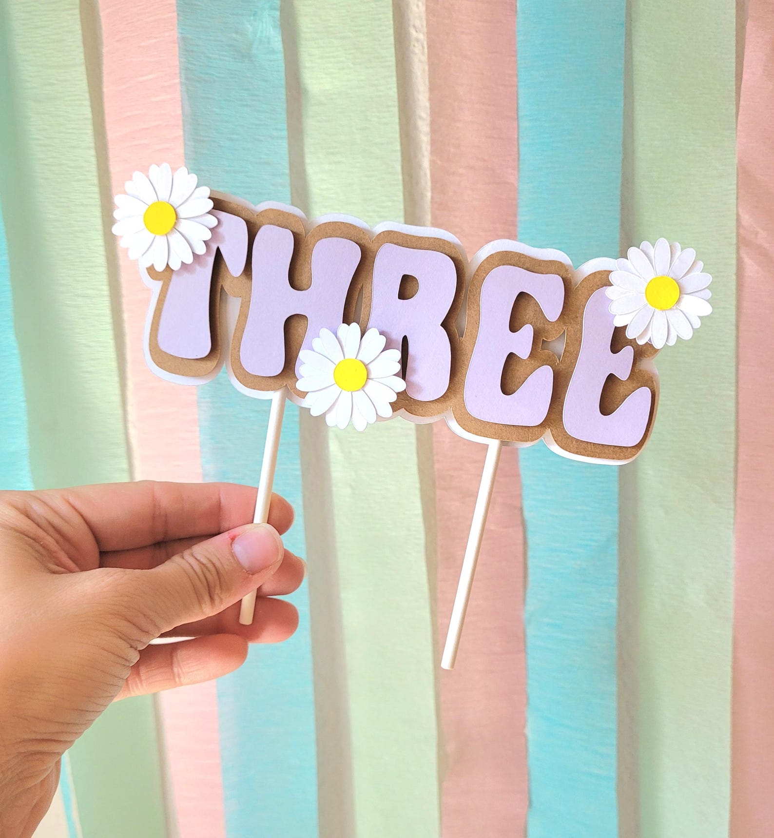 Groovy Three Cake Topper Retro Three Daisy Cake Topper for Third ...