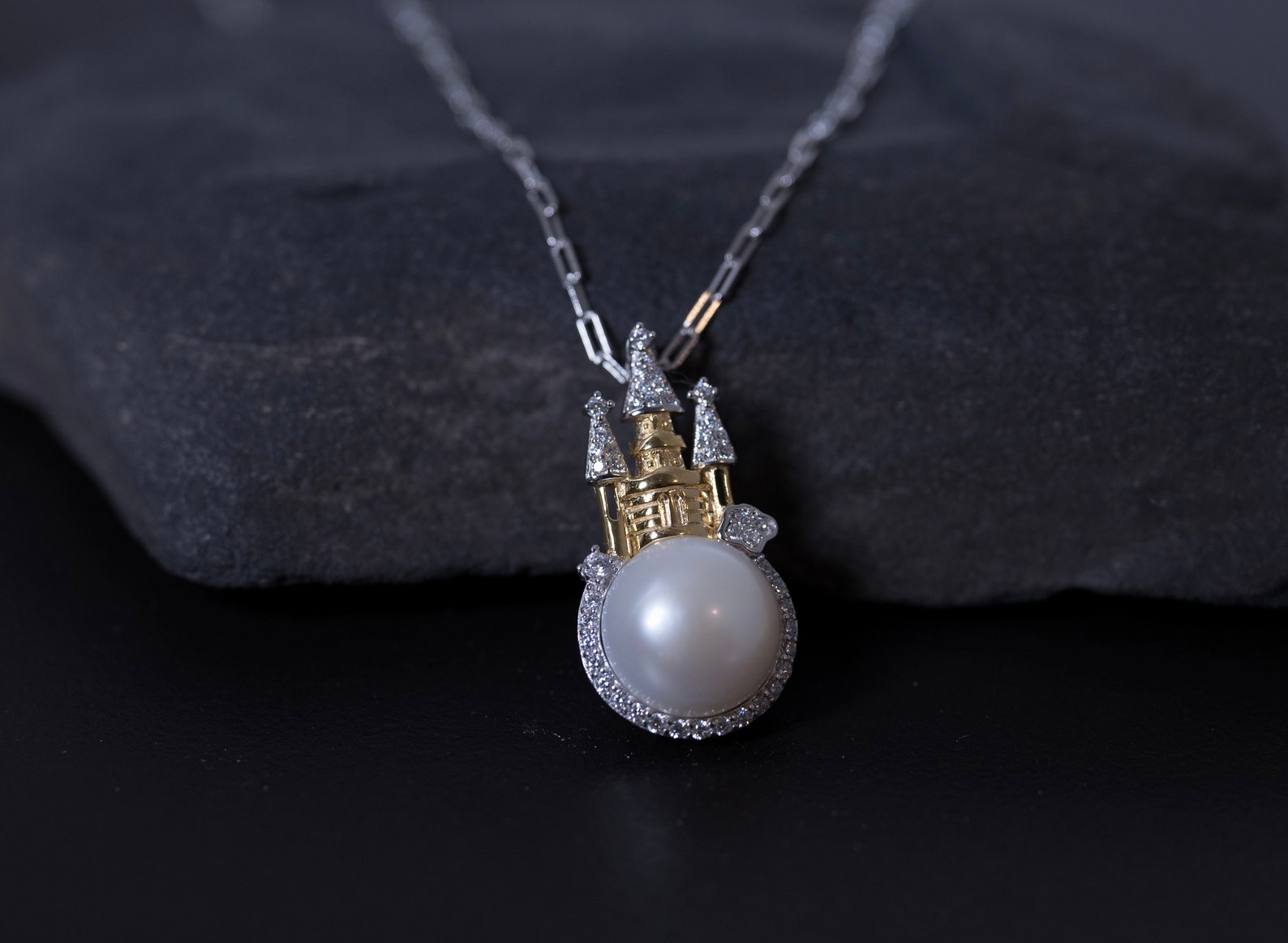 Beautiful Natural White Pearl Castle Pendant Enhancer W/cubic Zirconia ...