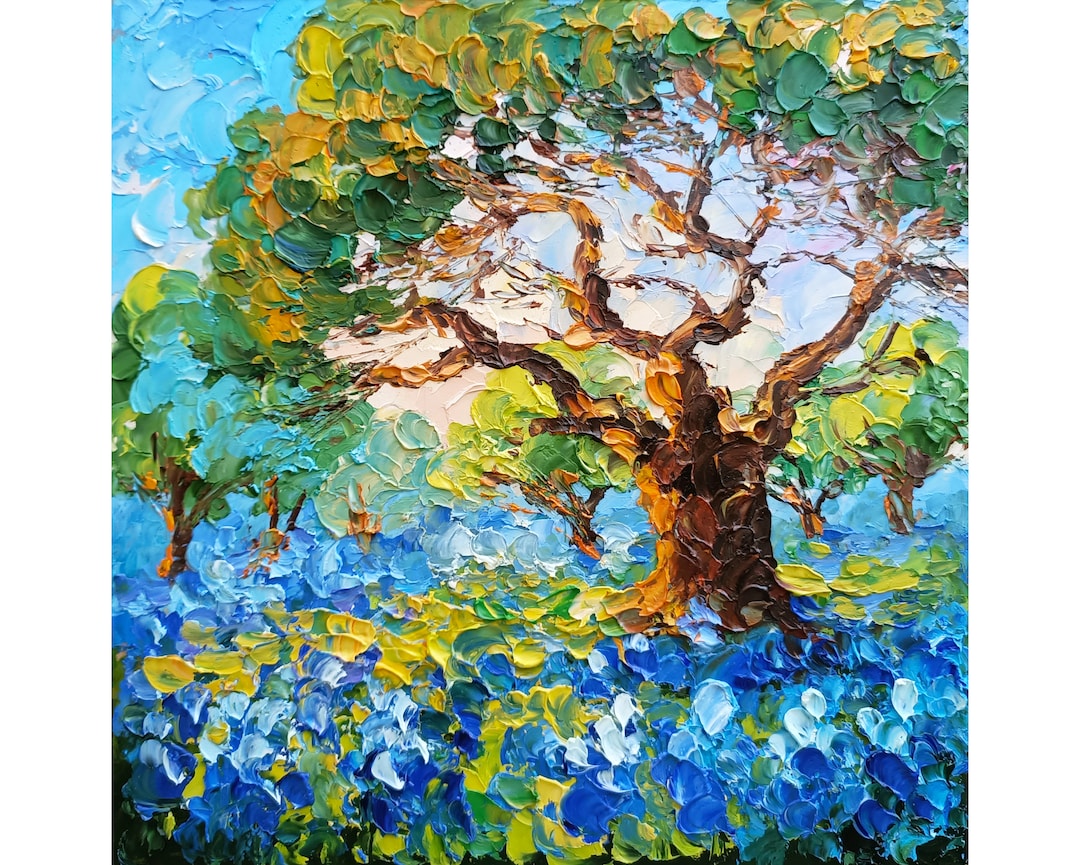 Texas Bluebonnet Painting: Oak Tree Impasto Oil Painting - Etsy