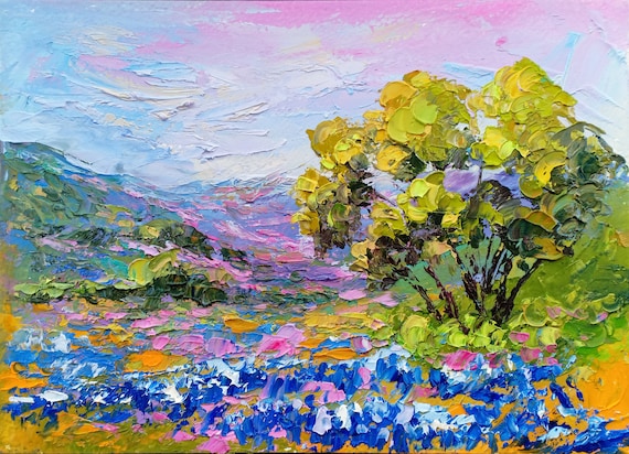 Texas Bluebonnets Painting Oak Tree Original Art National Park | Etsy