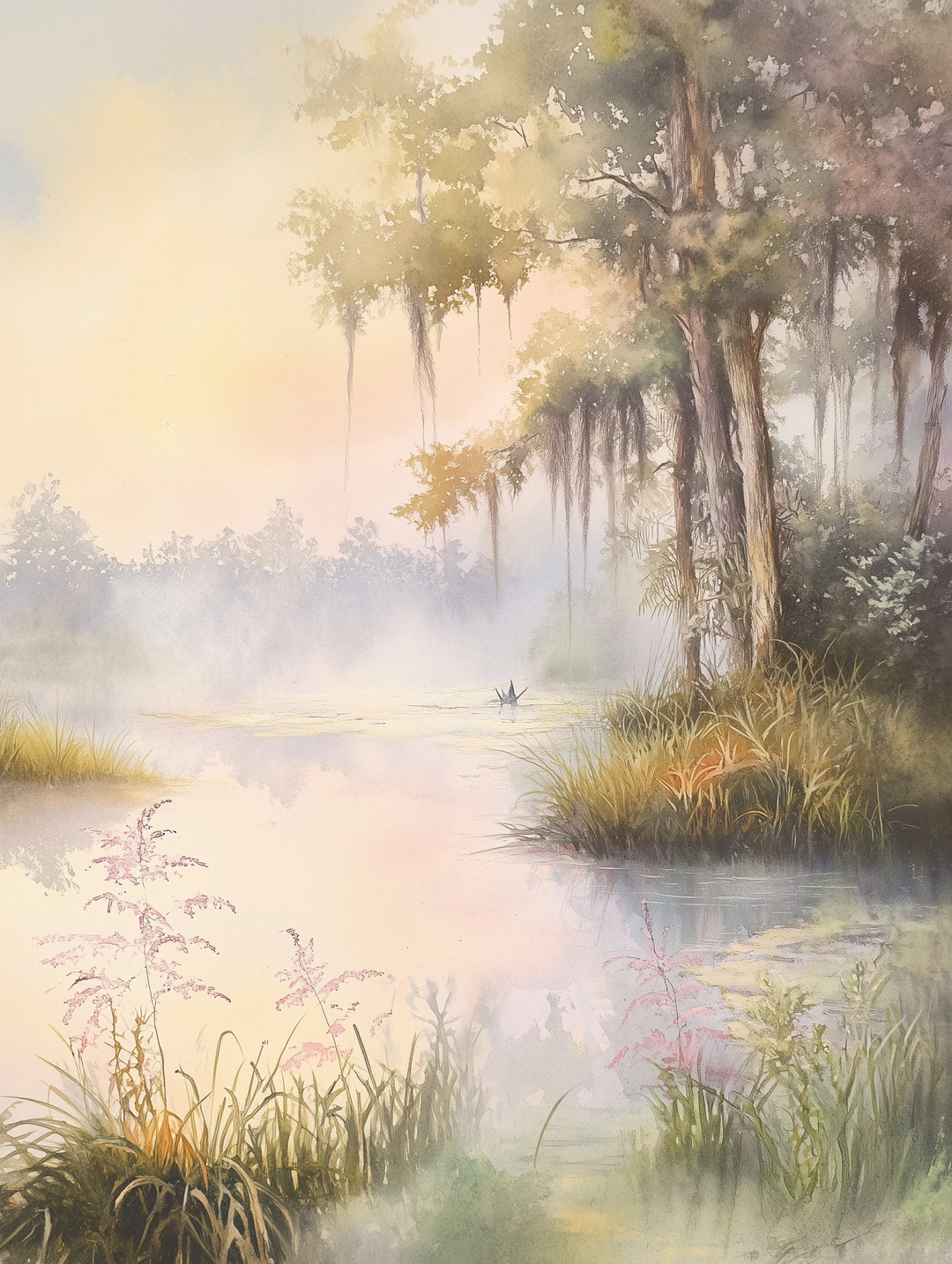 Everglades Wetlands Watercolor Painting Fog Trees Art Print by Nata ...