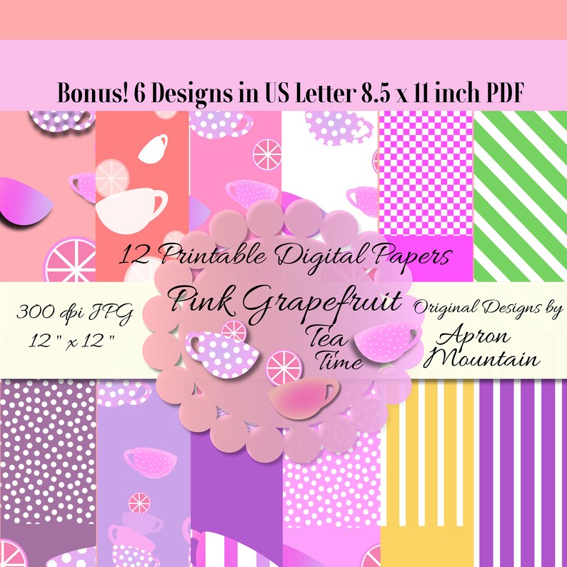 Digital Printable Paper Pack Colorful and Bright pink Grapefruit Tea ...