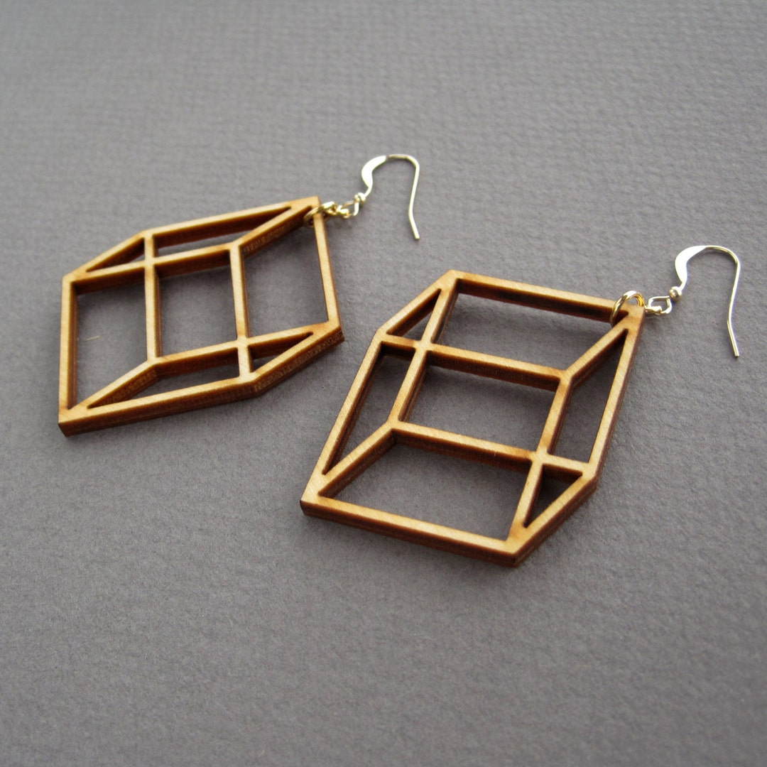Optical Illusion Earrings, Wood Earrings, Cube Earrings, Optical ...
