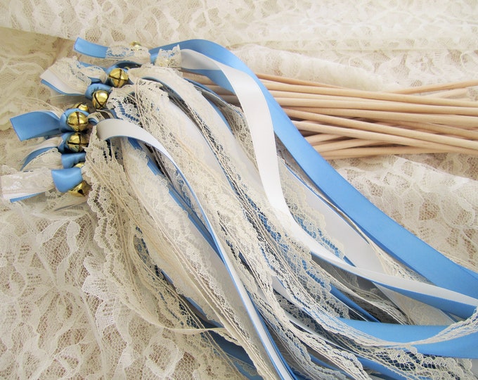 100 Wedding Wands, Ribbon Wands, Ivory Lace, Porcelain Blue, Bridal ...