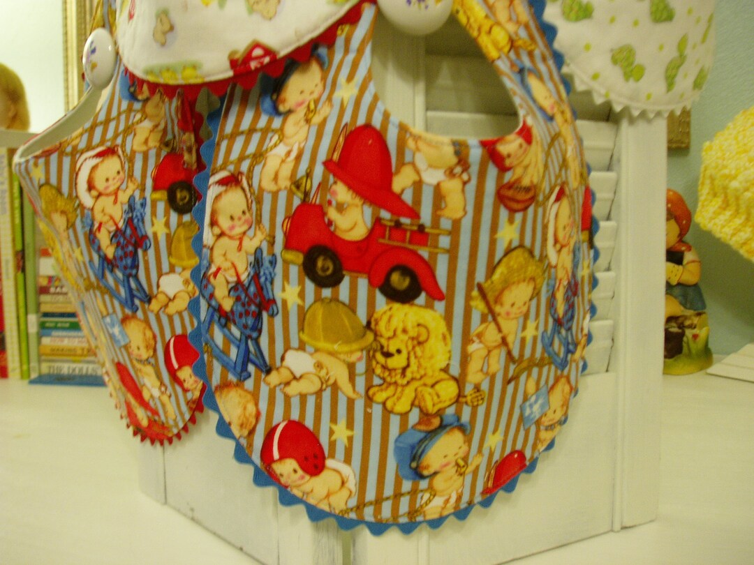 Retro Baby Boy Print Bib Trimmed With Blue Ric Rac & Snap - Etsy