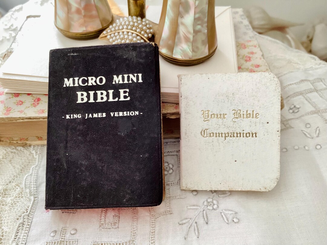 Vintage Miniature White Leather Bible Companion Book and Micro Mini ...