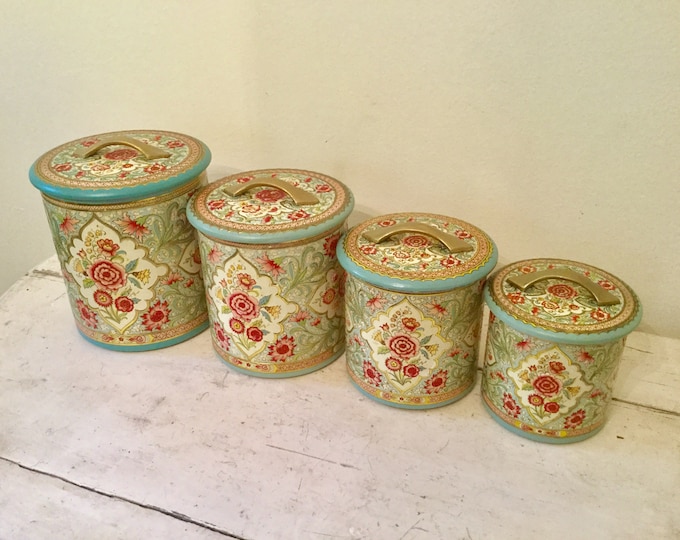 Daher Tin Box Set - Canister - Pink and Green Floral Roses Buds Cottage ...