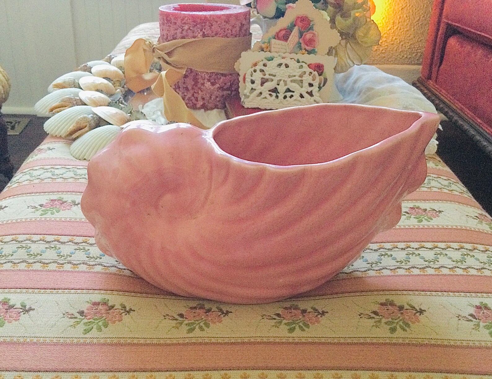 Vintage Sea Shell Art Deco Pink Matte Pottery Large | Etsy