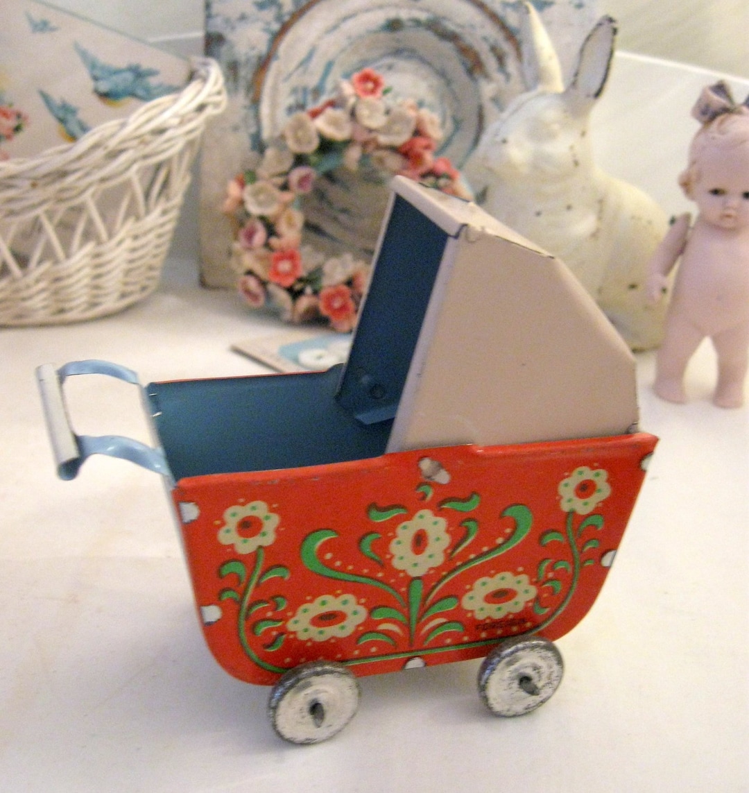 Antique German Stroller Buggy Pram for Miniature Baby Doll Tin Carriage ...