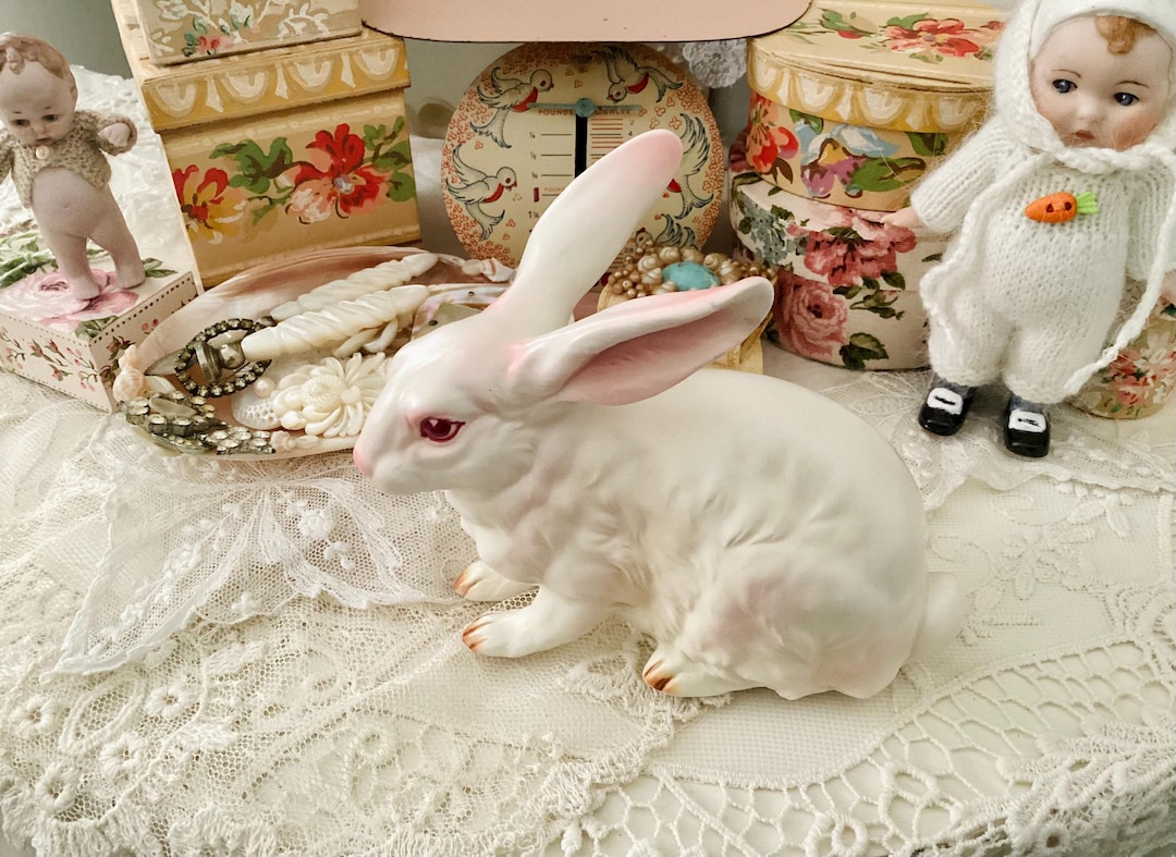 Large Lefton Rabbit, White and Pink, Adorable Sitting Bunny - Etsy