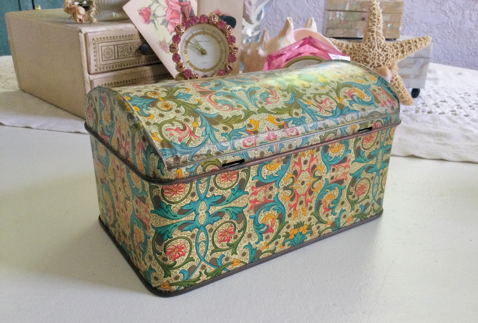 Antique Tin Box - Italian Florentine Design - Treasure Chest Shape - Etsy
