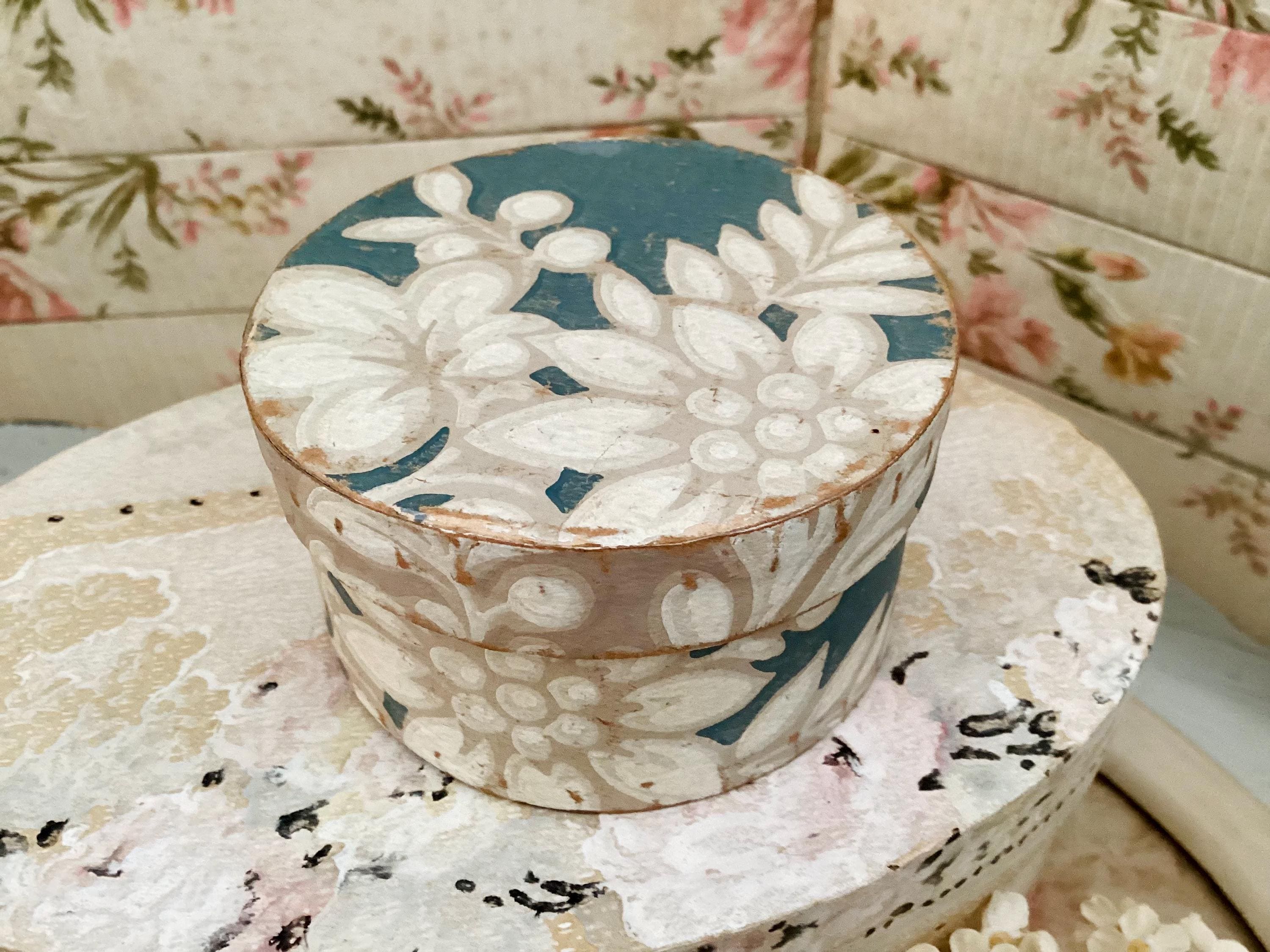 Small Floral Hat Box, Bandbox, Covered in Antique Teal and Beige ...