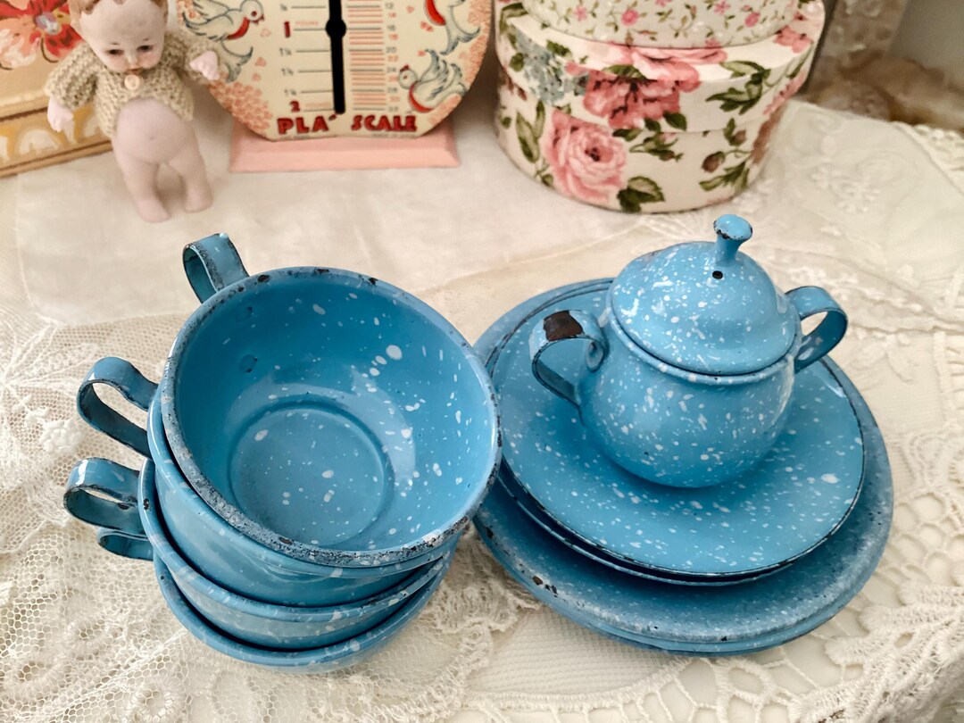 Children’s Enamelware Tea Set, Graniteware Blue Speckled - Etsy