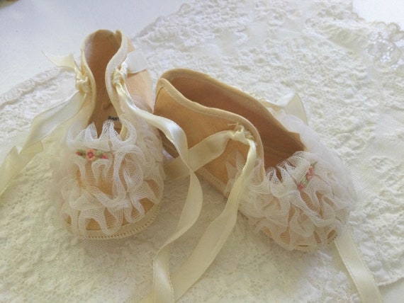 Antique Baby Shoes with Ribbon Rose, ruffles, booties - Gem