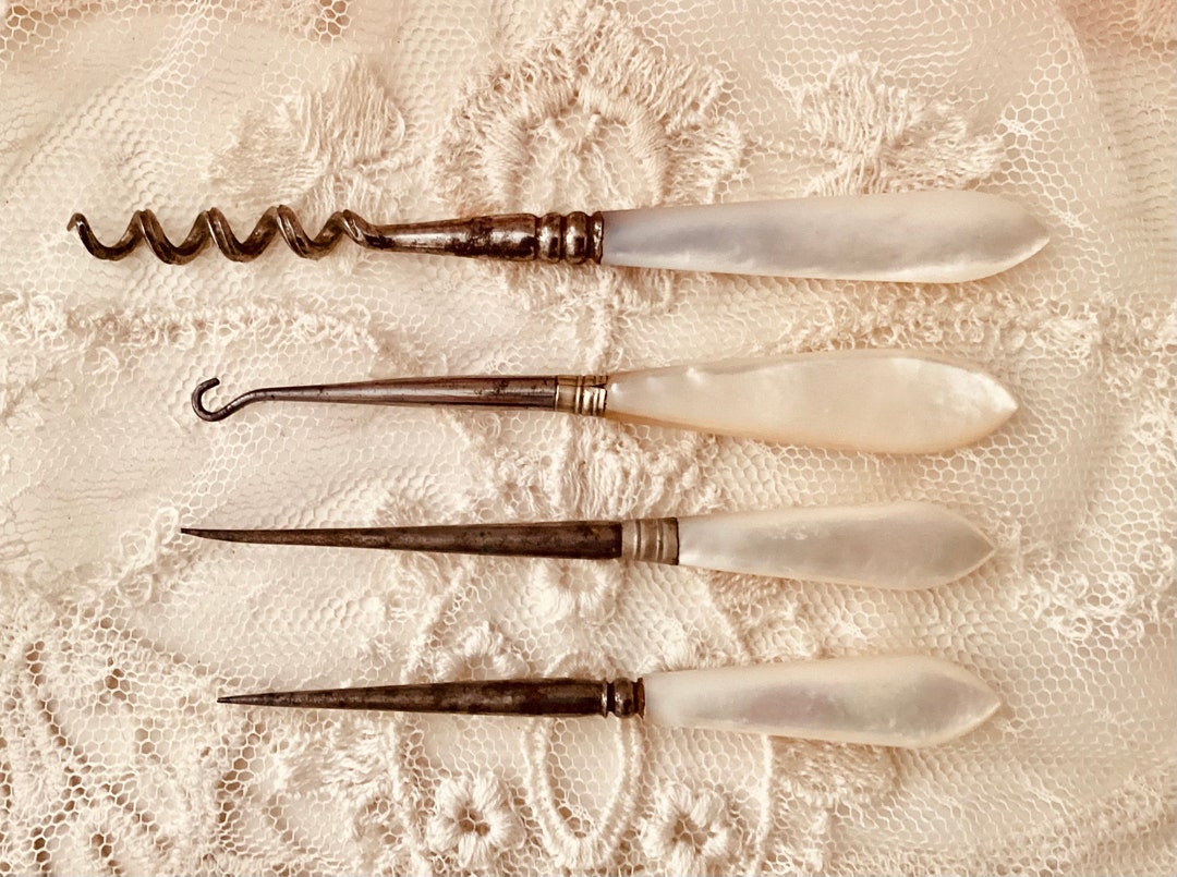 4 Vintage Mother of Pearl Handled Vanity Items Perfume Corkscrew, Hook ...
