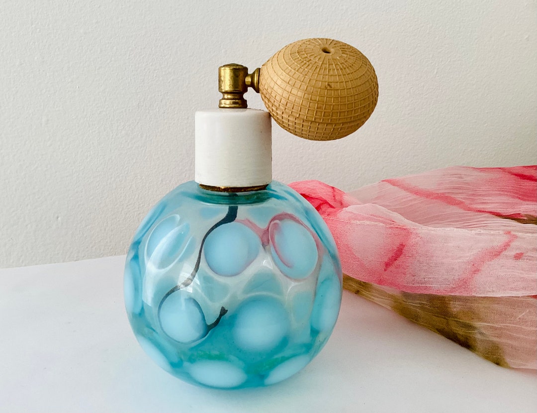 Fenton Art Glass Aqua Blue Coin Dot Oil Lamp Base Turned Perfume Bottle ...