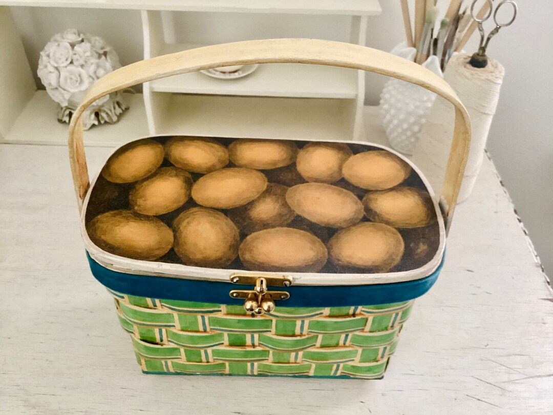 Adorable Lidded Basket, Child’s Lunch, Sewing Box, Painted Aqua Blue ...