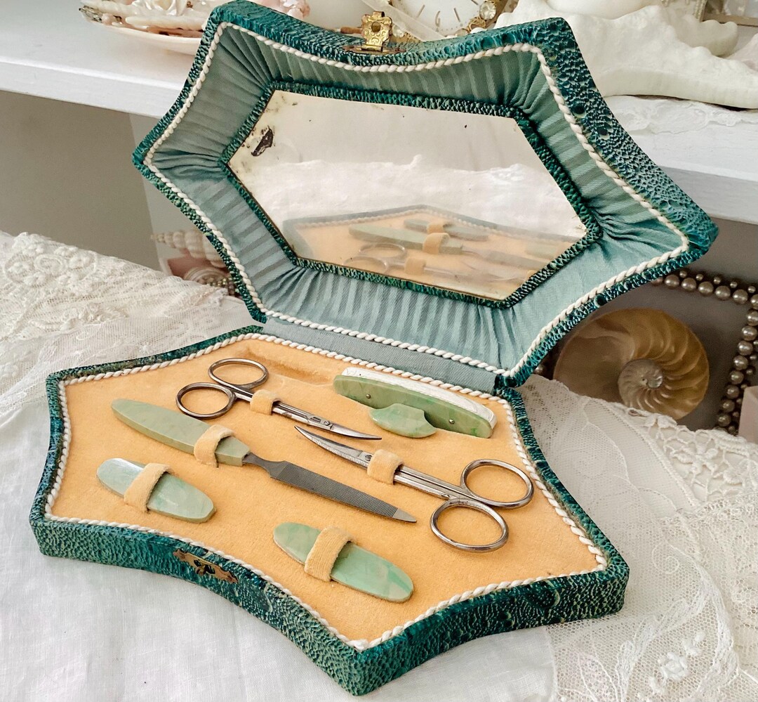 Vintage Art Deco Manicure Kit in Aqua Box, Celluloid Nail Tools - Etsy