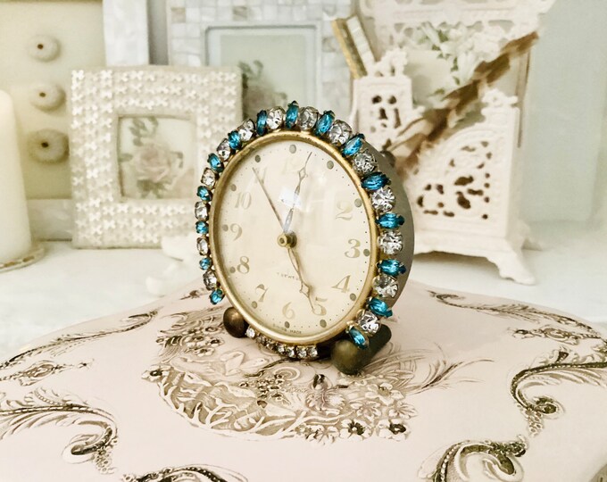 Vintage Florn Travelers Wind up Dial Gold Alarm Clock Rhinestone Design ...