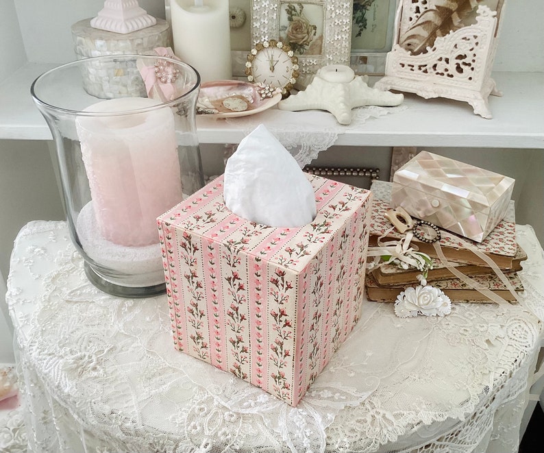 Tissue Box, Covered in Antique Wallpaper, Pink Pillow Ticking Stripe - Etsy