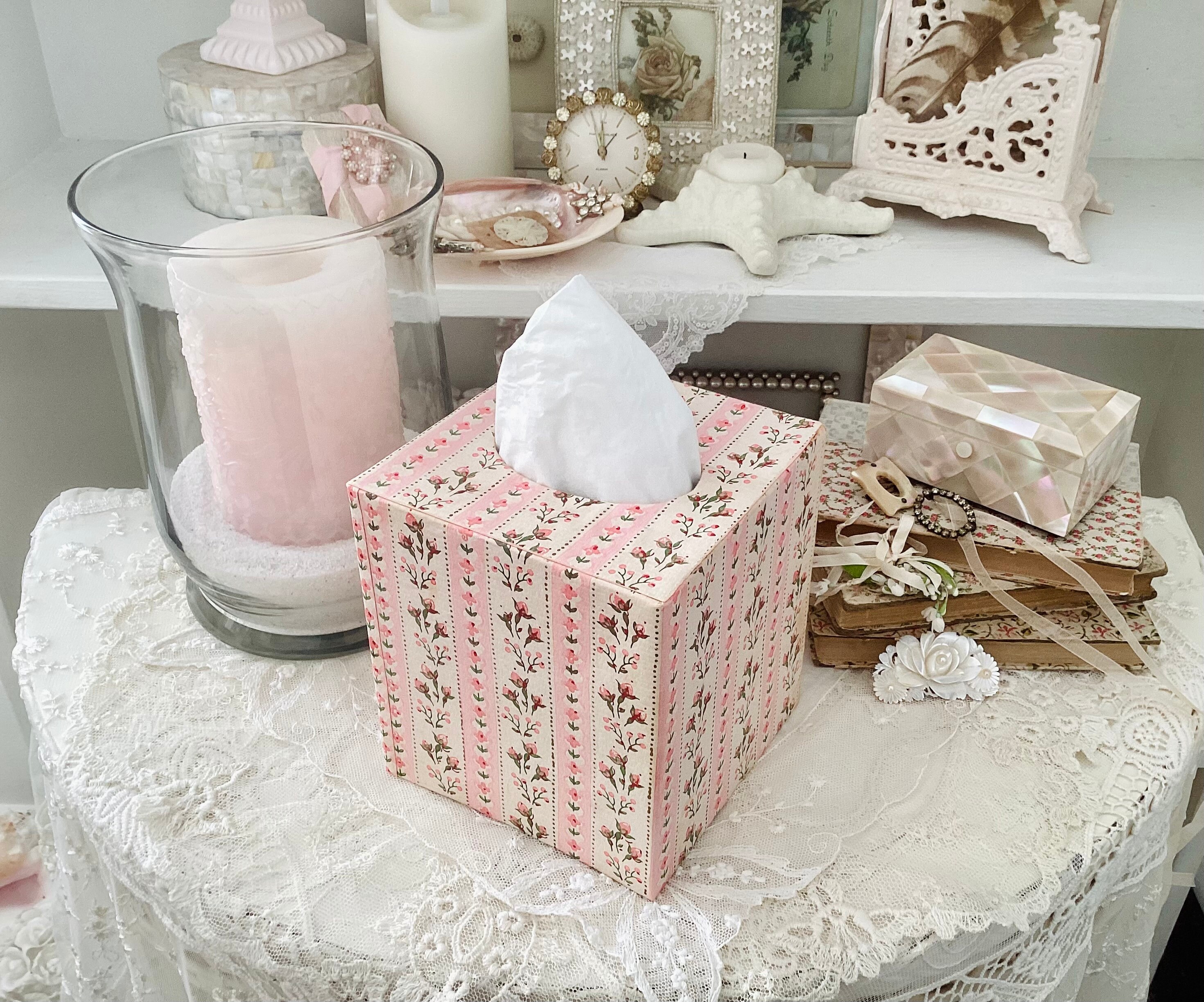 Tissue Box, Covered in Antique Wallpaper, Pink Pillow Ticking Stripe - Etsy