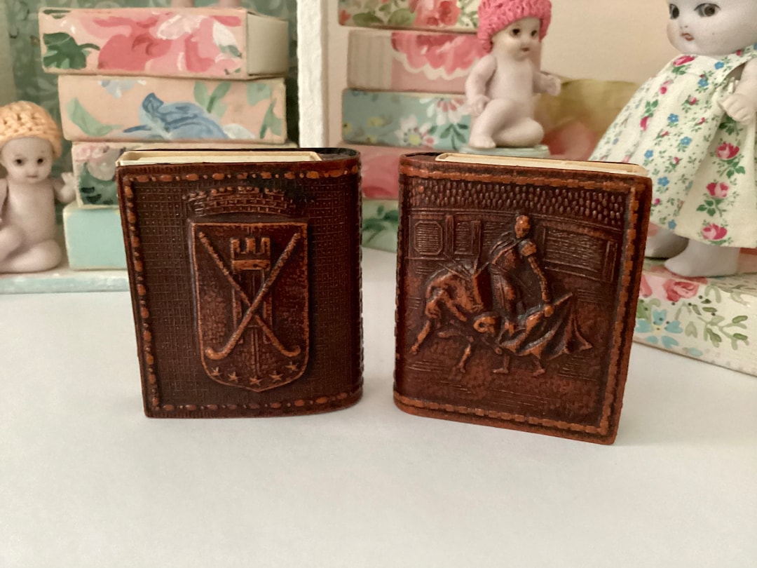 Antique Little Brown Leather Book Shaped Matchbox, Embossed Couple ...