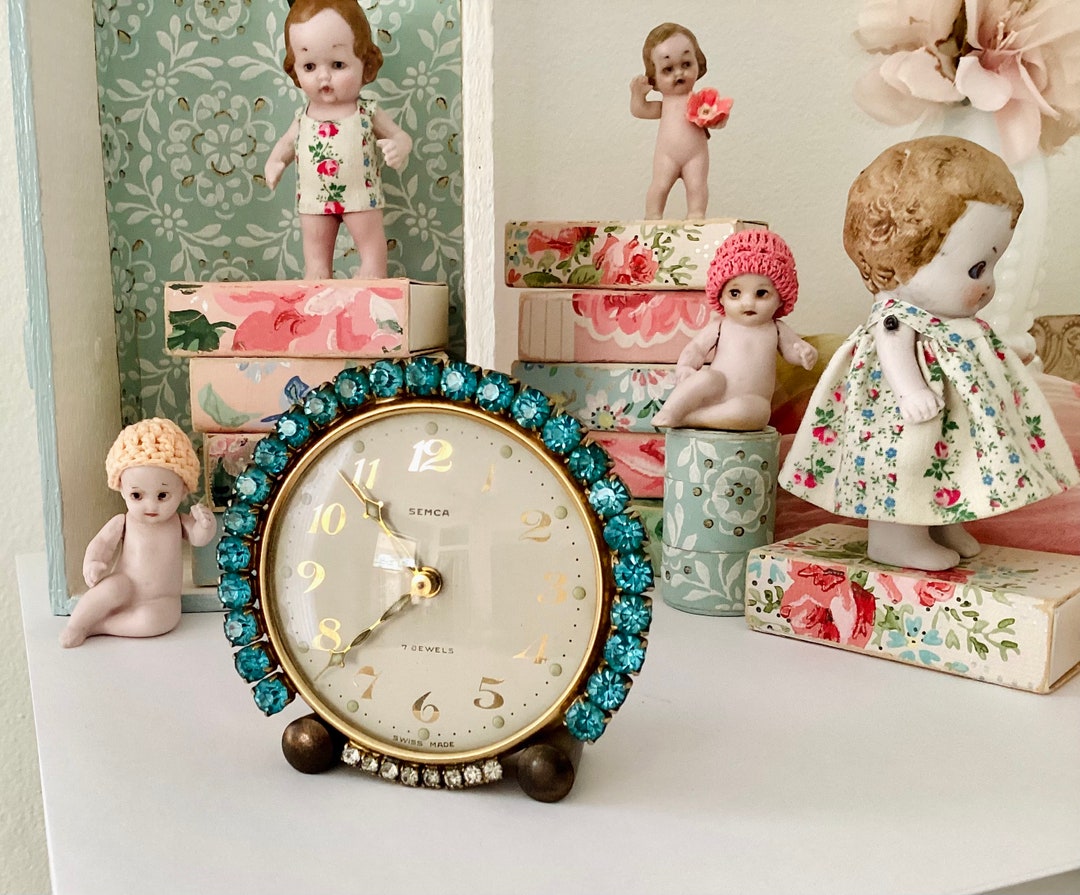Vintage Semca Seven Jewels Alarm Clock With Aqua Blue Rhinestones - Etsy