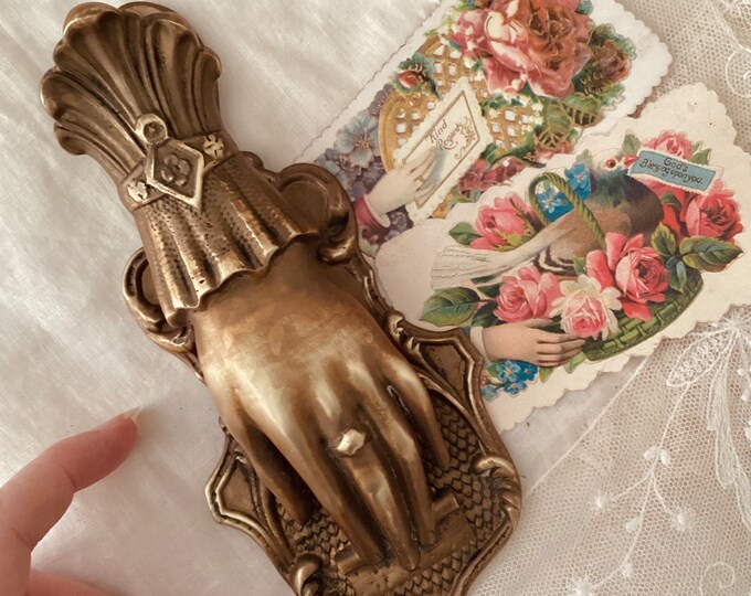 Large Ornate Brass Victorian Hand Clip Note and Receipt Holder Stamped ...