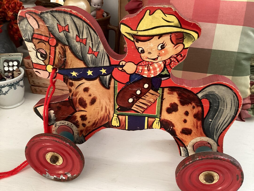 Colorful 1940's the Gong Bell Mfg Cowboy and Horse Tin Litho & Wood ...