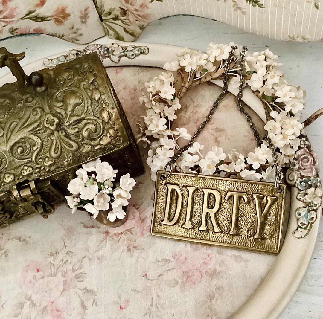 Vintage Solid Brass Dirty / Clean Sign on Chain - Etsy
