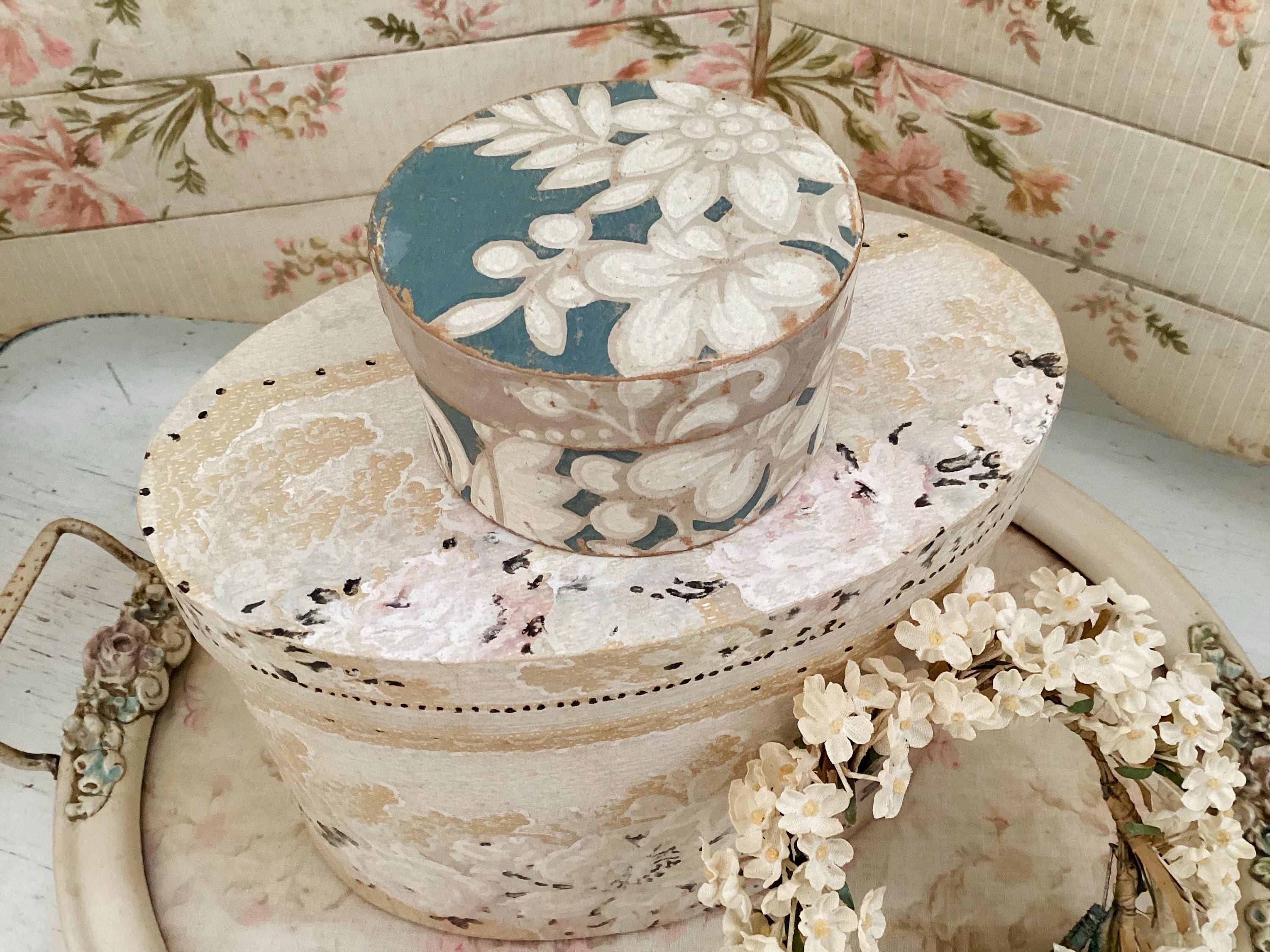 Small Floral Hat Box, Bandbox, Covered in Antique Teal and Beige ...