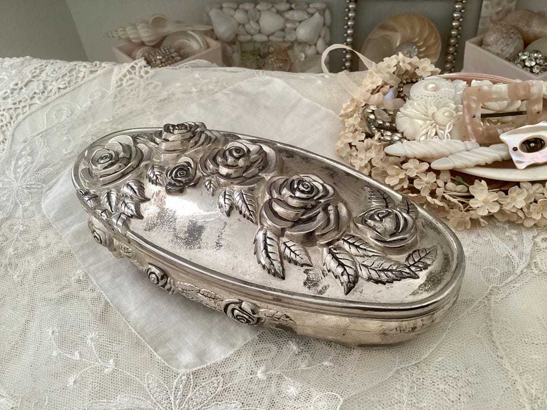 Oval Silver Plate Repousse Jewelry Box Victorian With Raised Rose ...