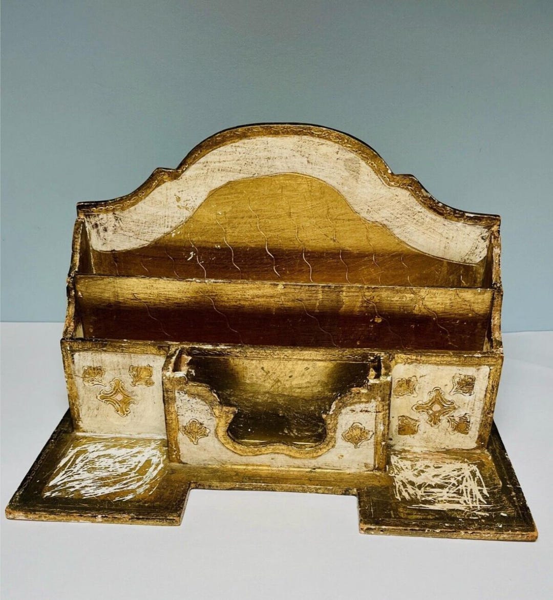 Vintage Italian Florentine Desk Caddy Letter Holder White and Gold ...