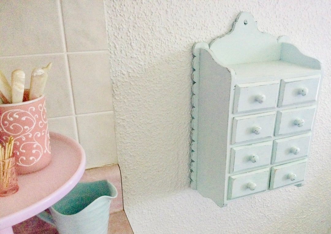 Antique Wall Spice Cabinet Hand Made 8 Drawers, Aqua Blue - Etsy