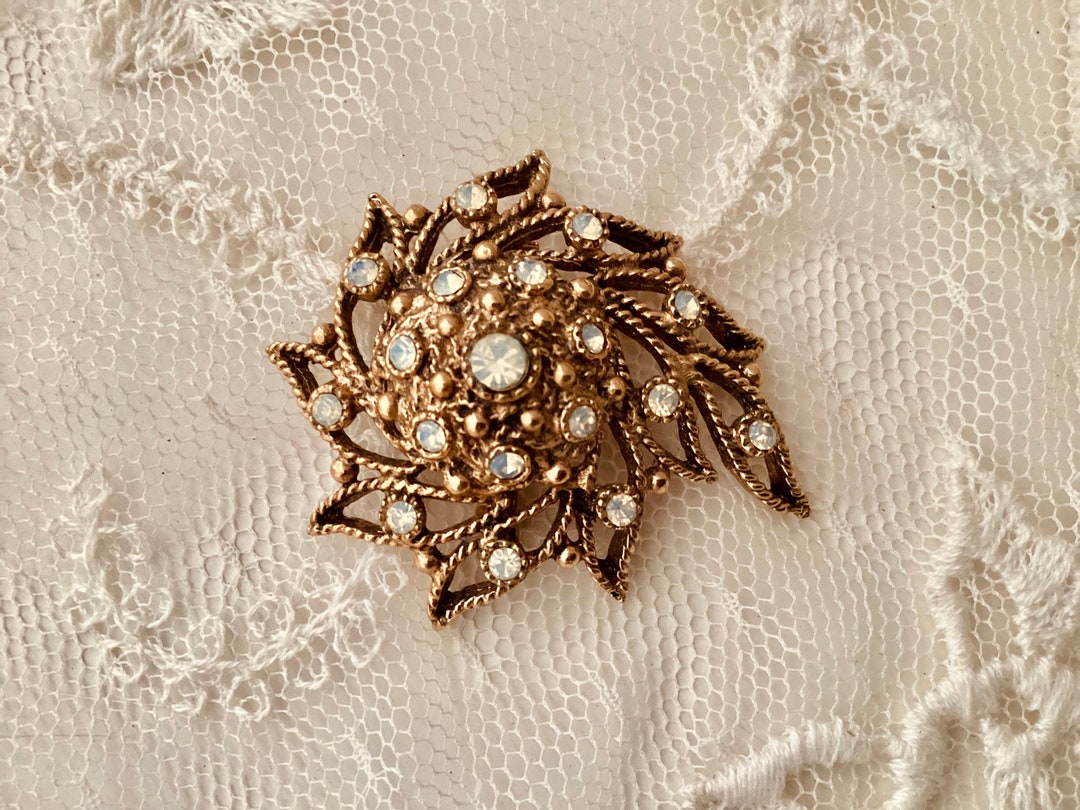 Aurora Borealis Moonstone Rhinestone Spiral Gold Brooch - Etsy