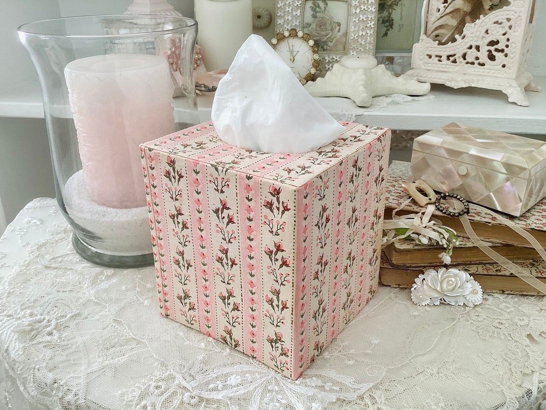Tissue Box, Covered in Antique Wallpaper, Pink Pillow Ticking Stripe - Etsy