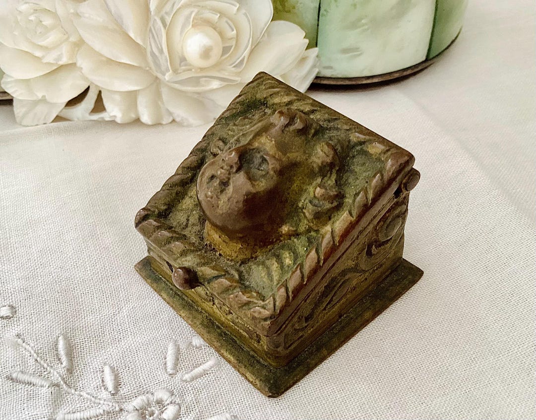 Antique Brass Postage Stamp Box With Embossed Cherub Face - Etsy