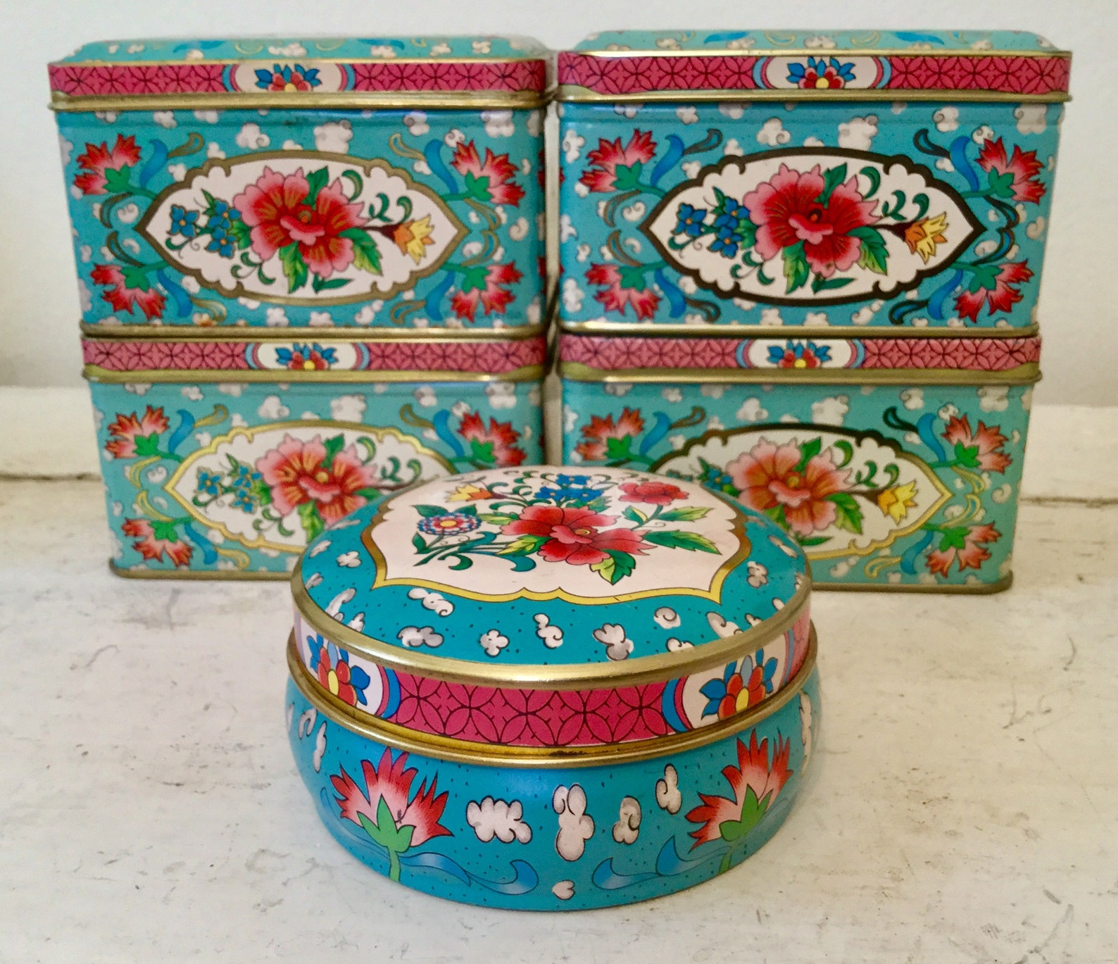 Daher Tin Box Pink and Green Floral Roses Buds Cottage Sweet - Etsy