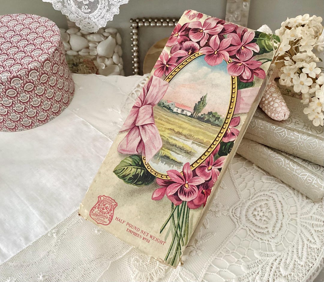 Antique Candy Box - Beautiful Purple Floral With Ribbon, Chocolates ...