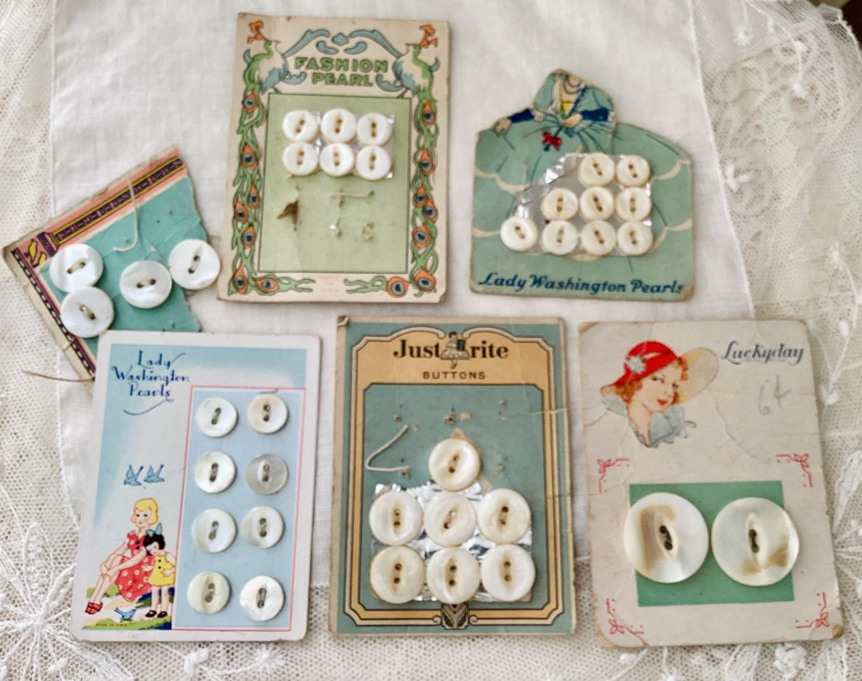 Set of 6 Buttons on Original Cards, Lady Washington, Lucky Day, Fashion ...