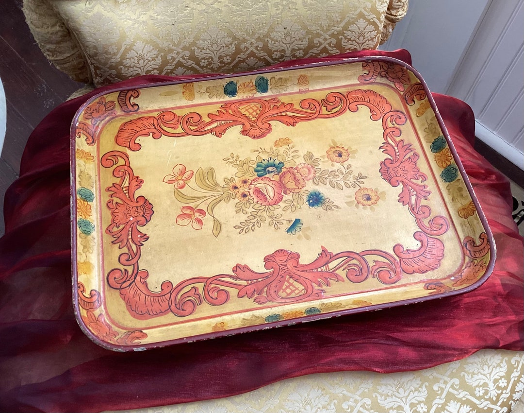 Paper Mache Serving Tray, Roses, Alcohol Proof, Colorful Floral, Golds ...