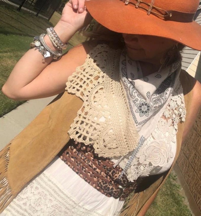 Boho Wild Rag Bandana Vintage Lace Scarf Crochet Lace Rhinestone Fringe ...