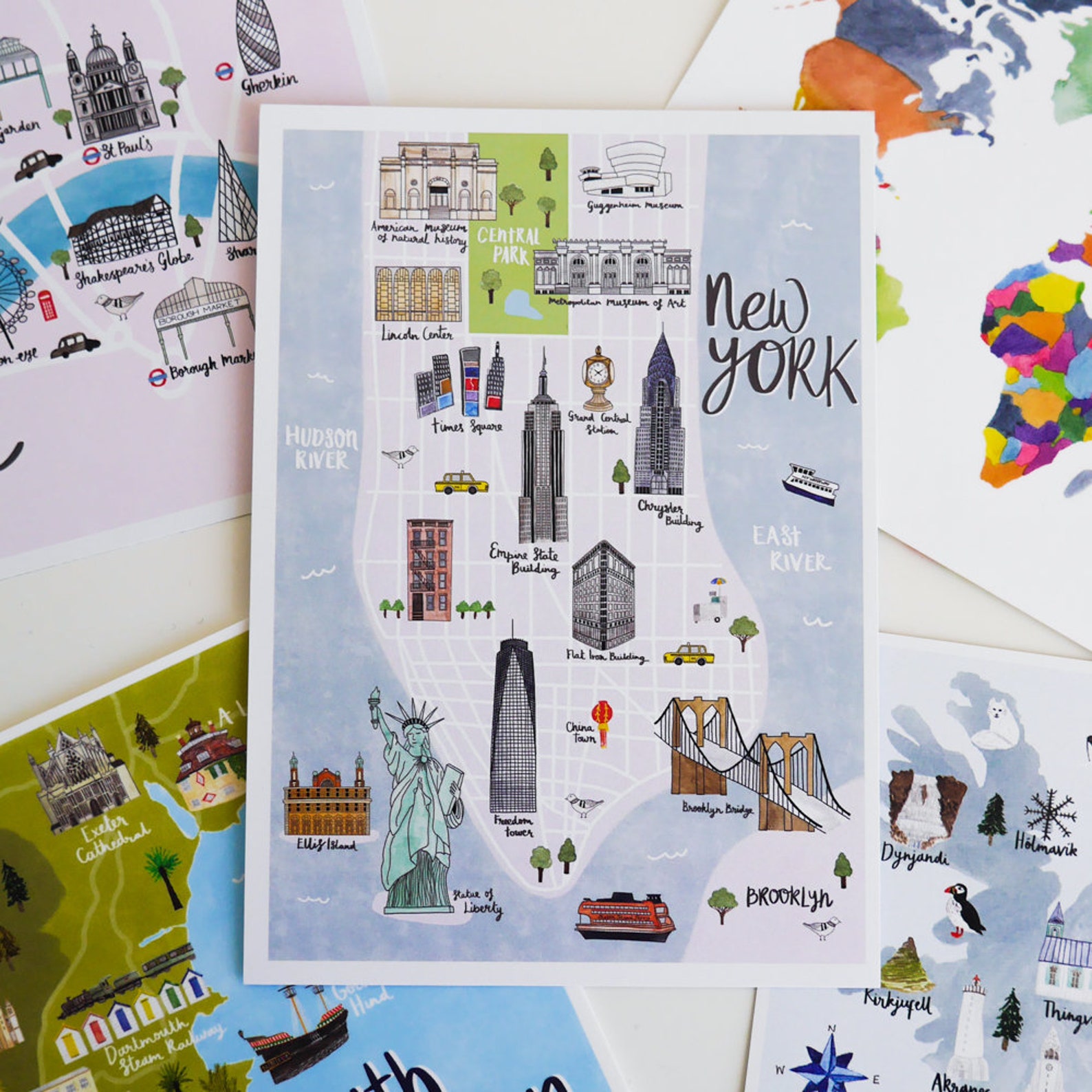 New York Map Postcard New York Illustrated Map Hand - Etsy