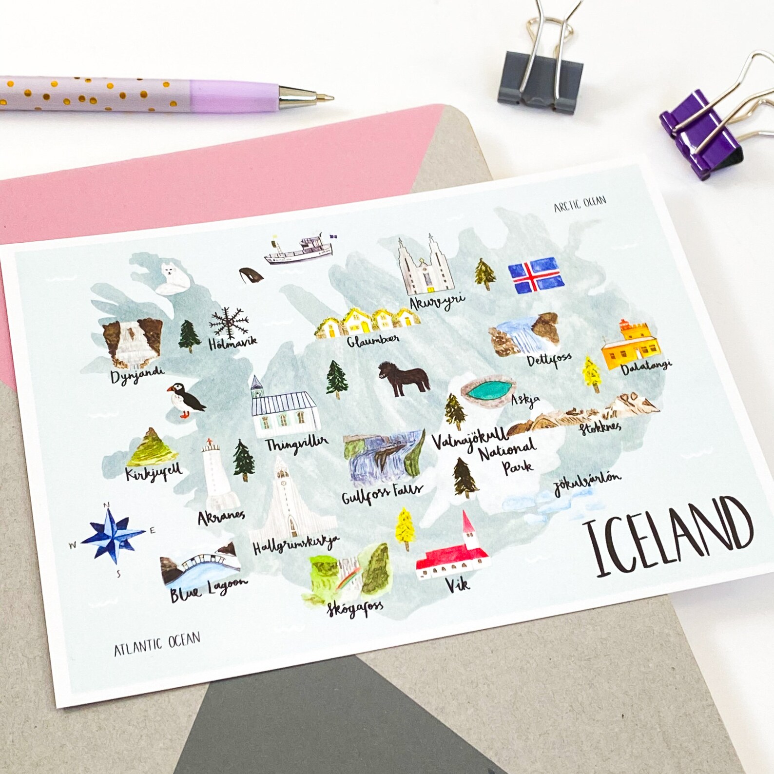 Iceland Map Postcard Watercolour Postcard Map of Iceland | Etsy UK