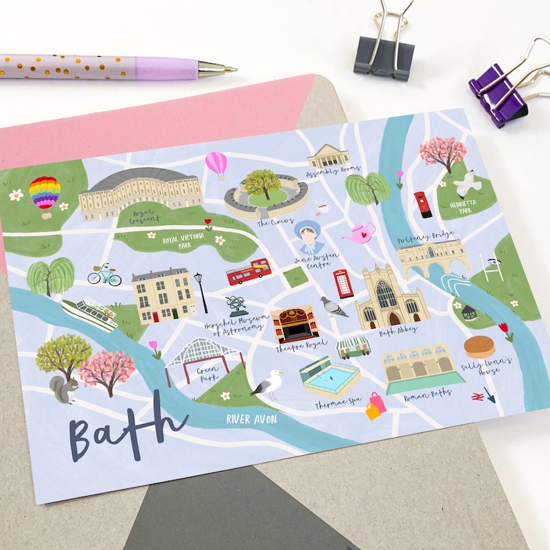 Bath Map Postcard - Bath Map Illustration - Bath Mini Art Print - Bath ...
