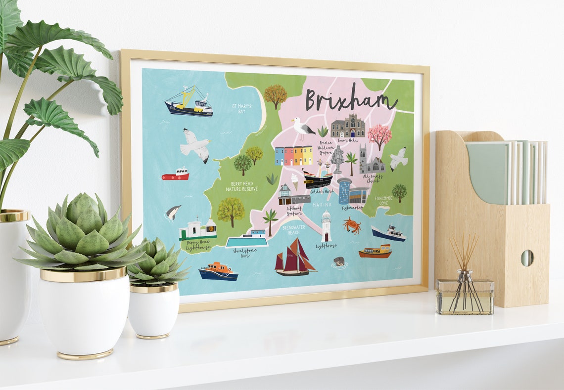Brixham Map - A4 Print - Map of Brixham - Devon Town Map - Illustrated ...