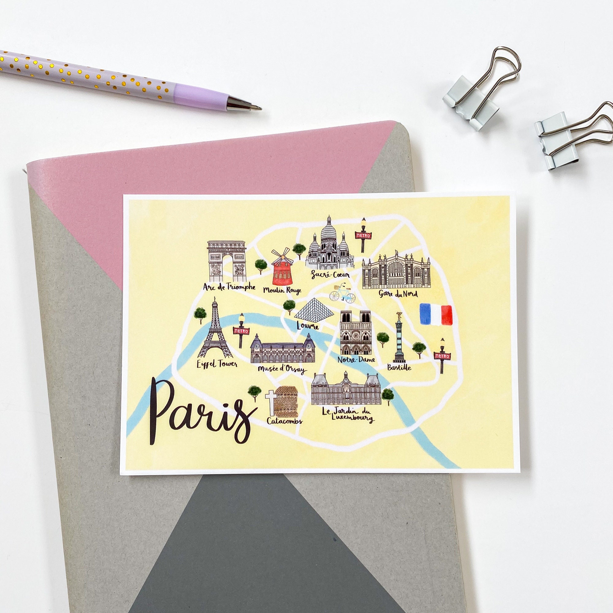Paris Map Postcard Illustrated Paris Map Postcard Paris - Etsy