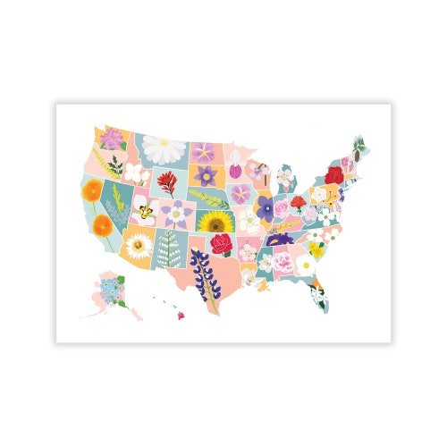 United States Flower Map State Flower Art America Map Wall - Etsy