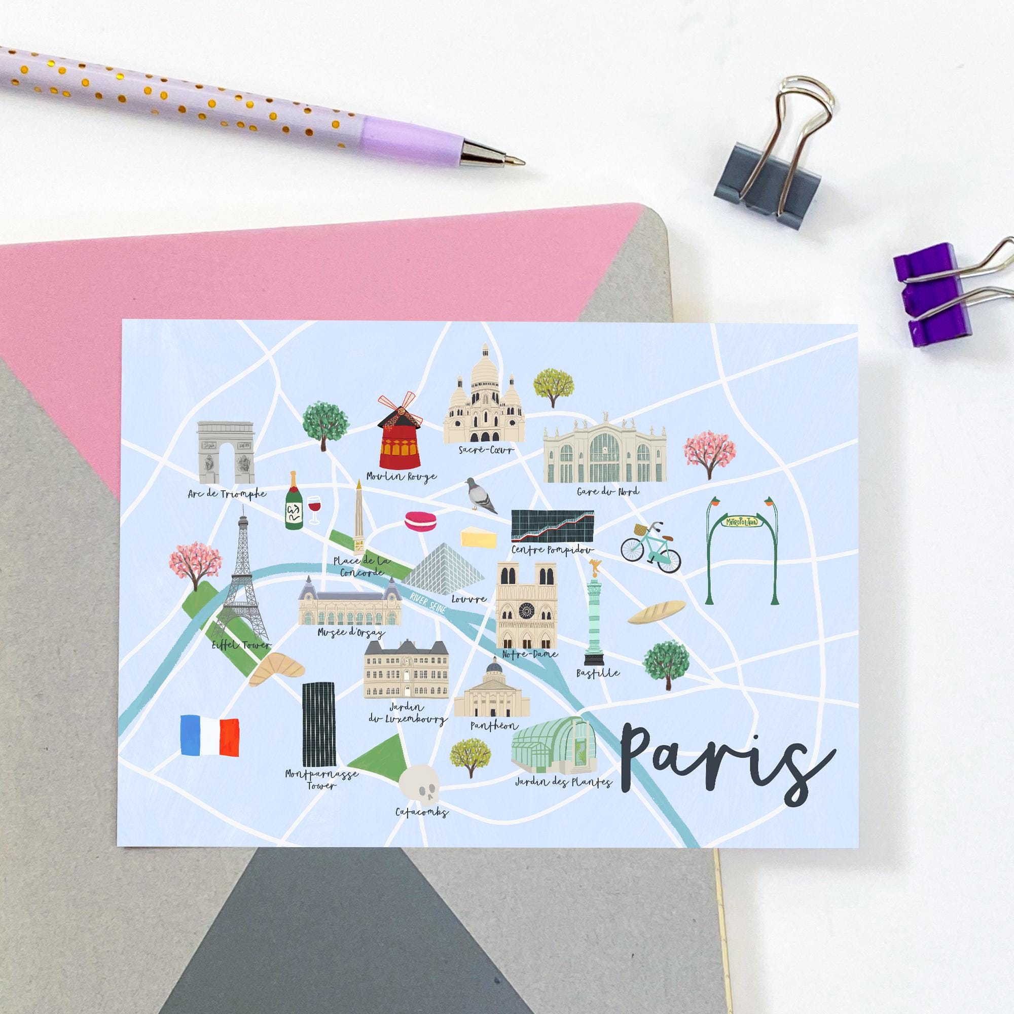 Paris Map Postcard - Illustrated Paris Map Postcard - Paris Map Art ...